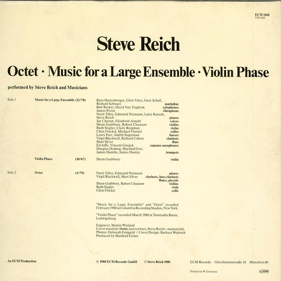 Steve Reich - Octet • Music For A Large Ensemble • Violin Phase - Vinyl ...