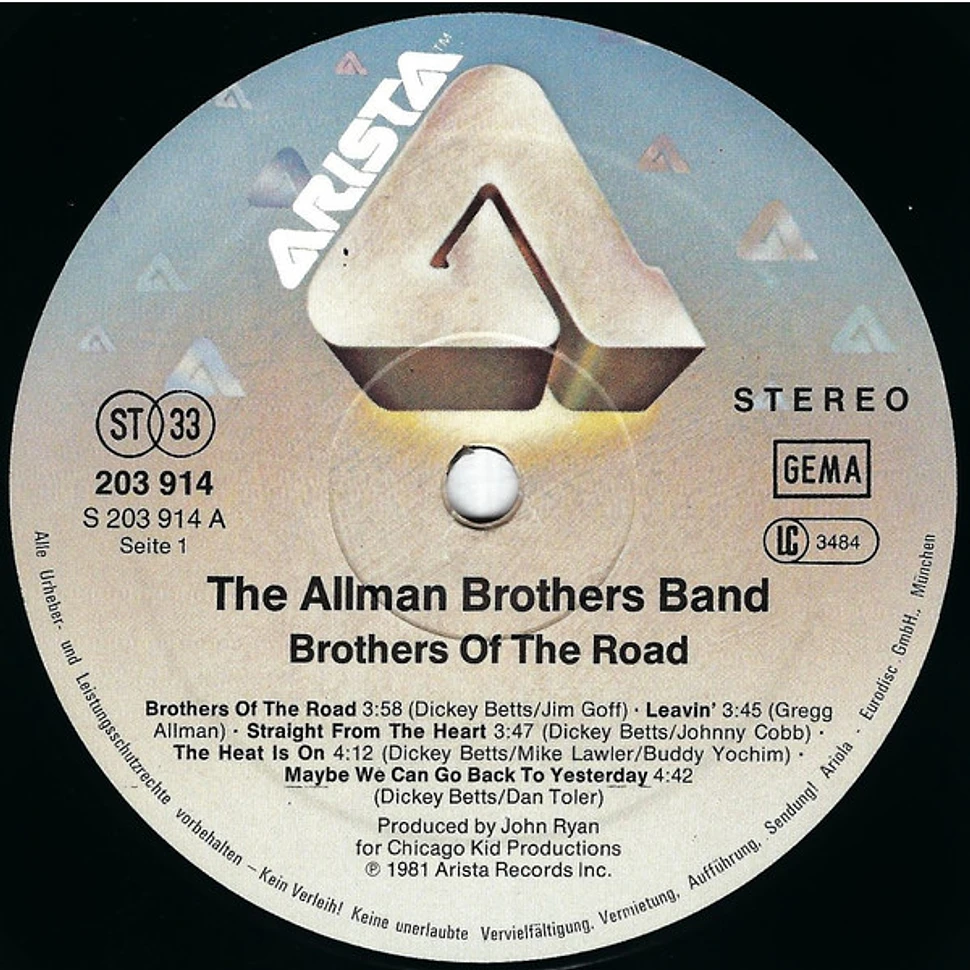 The Allman Brothers Band - Brothers Of The Road - Vinyl LP - 1981 - DE ...
