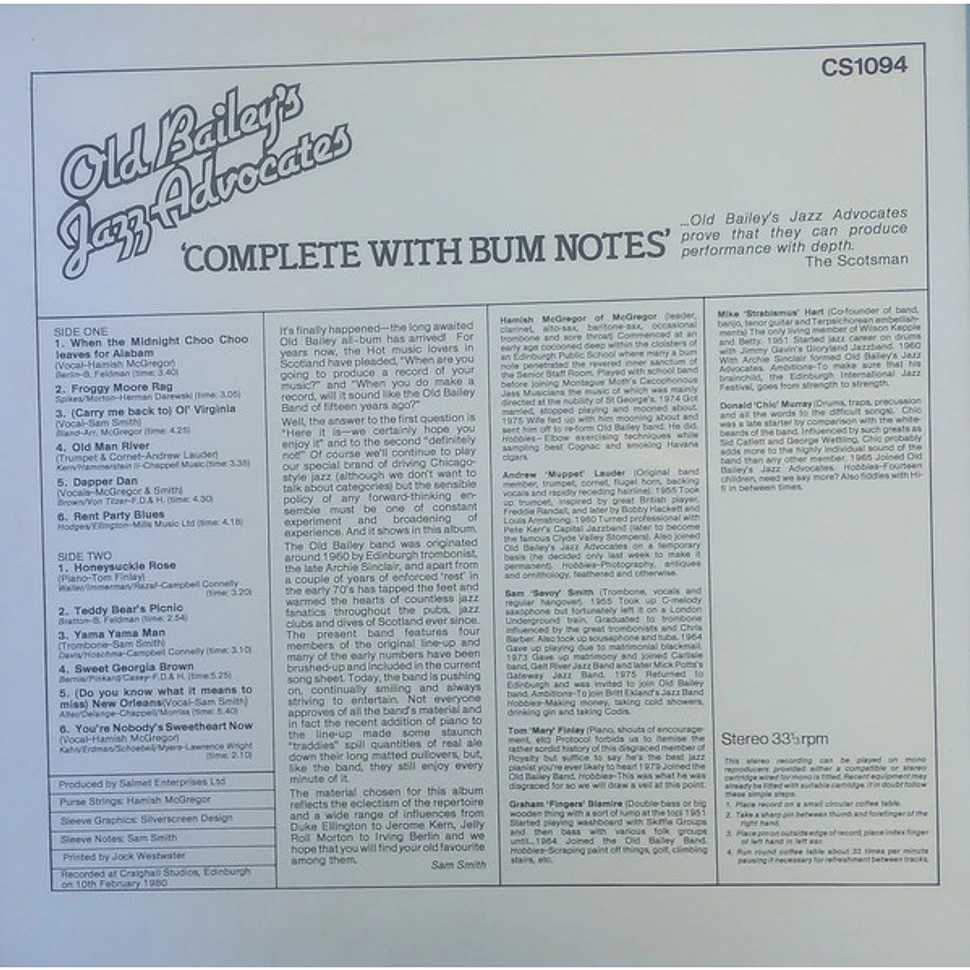 Old Bailey's Jazz Advocates - Complete With Bum Notes - Vinyl LP - 1980 ...
