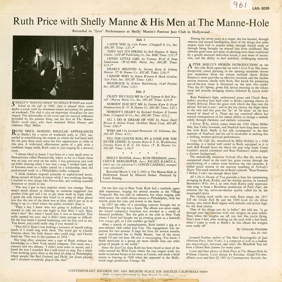 1326131v1Ruth Price With Shelly Manne & His Men - At The Manne Hole ...