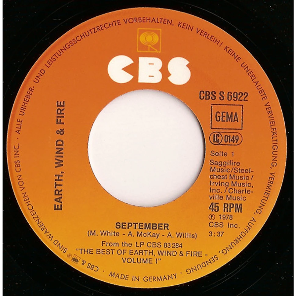 Earth, Wind & Fire - September - Vinyl 7" - 1978 - DE - Original | HHV