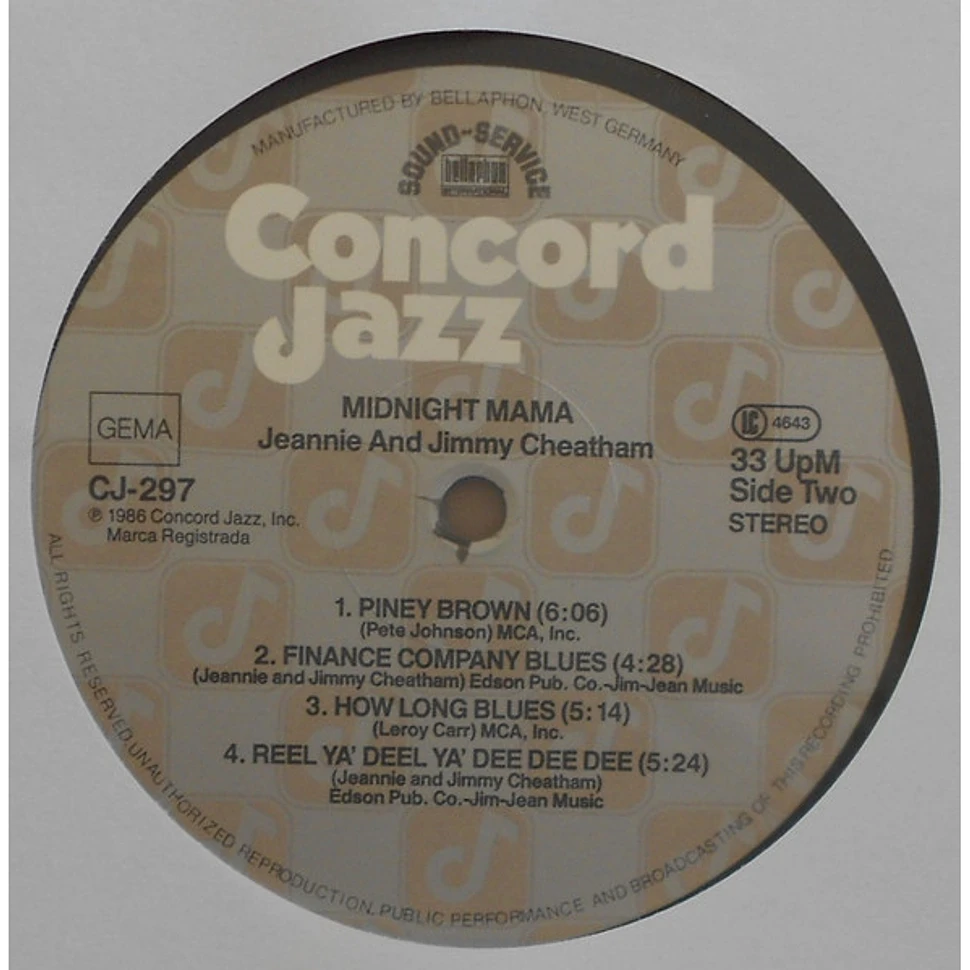 Jeannie & Jimmy Cheatham - Midnight Mama - Vinyl LP - 1986 - DE ...