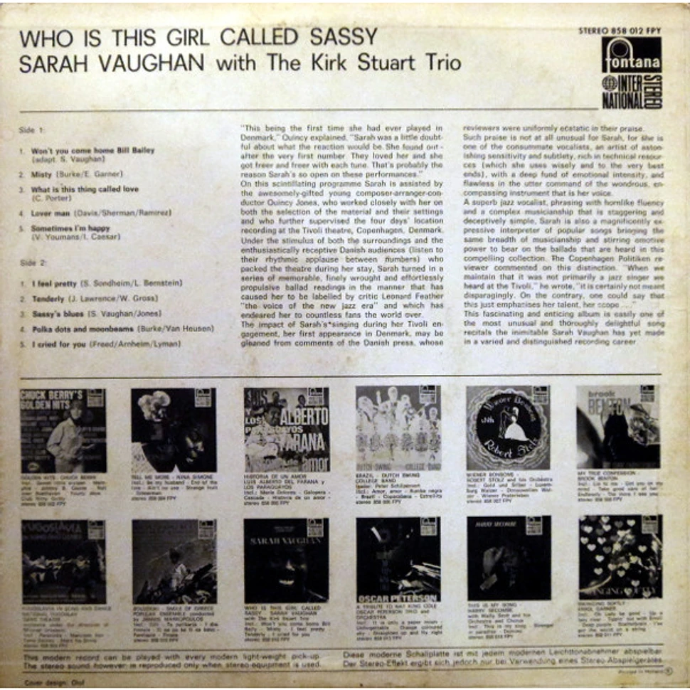 Sarah Vaughan With The Kirk Stuart Trio - Who Is This Girl Called Sassy ...